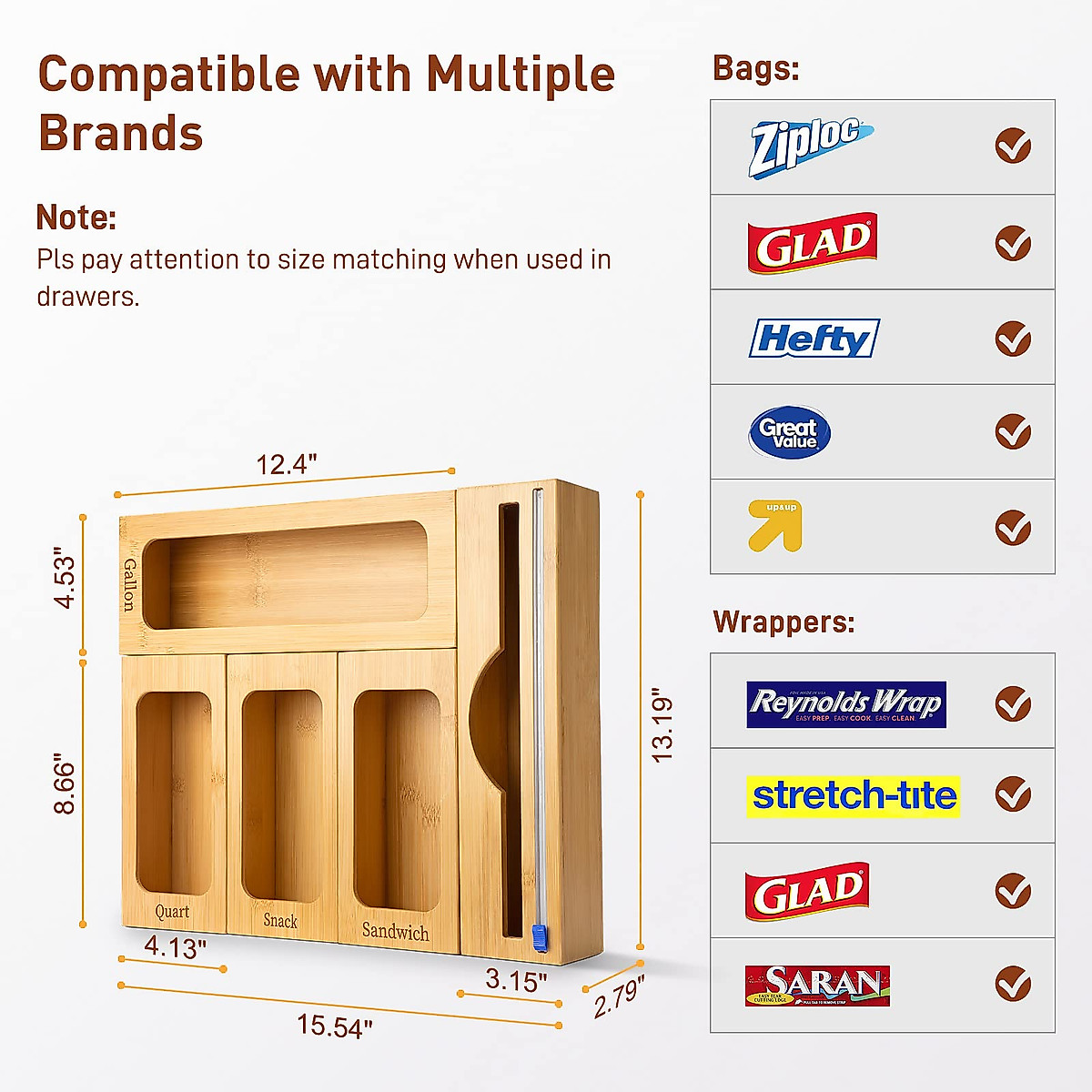 Delamu Ziplock Bag Organizer - 5 Separate Plastic Bag Organizers for Kitchen Drawer - Foil and Plastic Wrap Dispenser with Cutter 12" Roll, Baggie Organizer for Gallon, Quart, Snack, Sandwich Bags