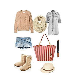 Womens Canvas Handbag Tassel Stripes Purse Tote Fashion Shoulder Bag Large Capacity, Red and White