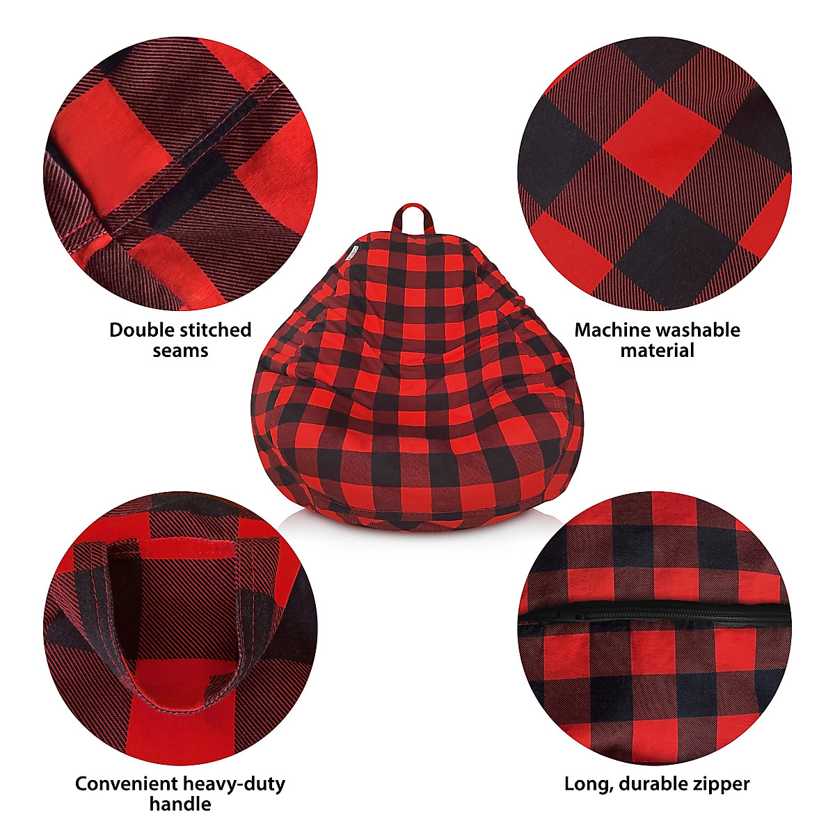 Delmach Bean Bag Cover | Comfortable Adult Size | Stuffed Animal Storage | Cozy Chair | Cotton Canvas | Buffalo Check Plaid | No Filler