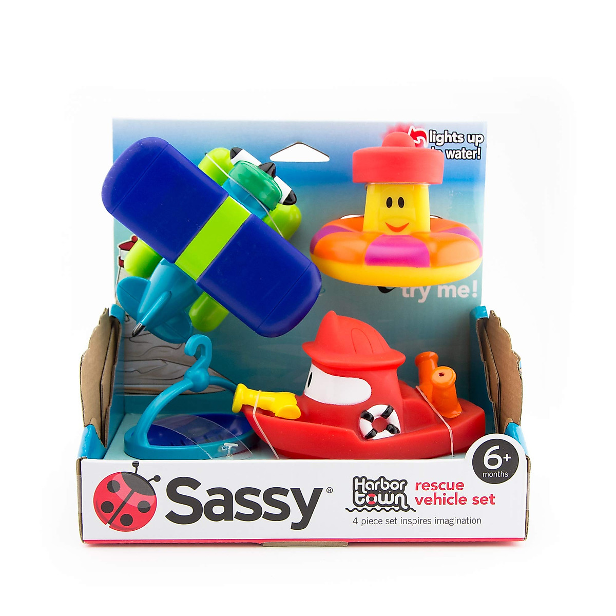 Sassy Harbor Town Rescue Set, 4 Pieces Include Squirter, Strainer, and a Buoy That Lights up in The Water, Ages 6+ Months