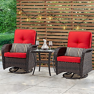 Gardenbee Patio Swivel Glider Wicker Chairs - Outdoor Swivel Rocking Chairs Set of 4 with 2 Wicker Side Tables, Patio Swivel Rocker Chair 6 Piece Patio Furniture Sets for Patio Porch Deck(Brown/Red)