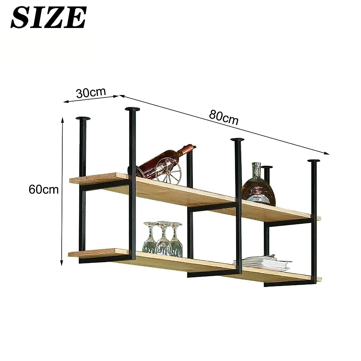 Ceiling Shelf, Floating Shelves Kitchen Storage Wine Rack, Industrial Ceiling Mount Shelf 2 layer, Wine bottle, Wine Glass, Dish Storage Rack, for Restaurant, Bar, Kitchen (31.5×11.8×23.6in, Black)