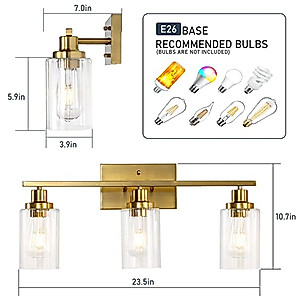 Jonsi Gold Bathroom Light Fixtures, 3 Light Brushed Gold Bathroom Vanity Lights with Fluted Glass Shade, Modern Gold Bathroom Lights Over Mirror, Vanity Lighting Fixtures, 23.5" W x 10.7" H