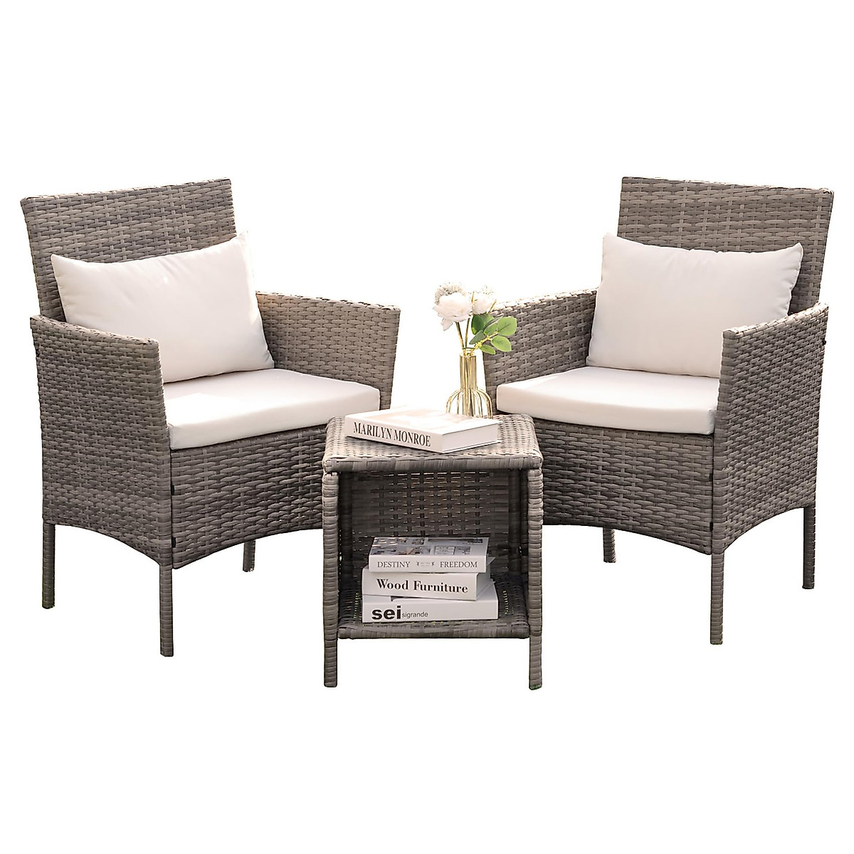 Tappio 3 Piece Patio Conversation Bistro Set, Porch Balcony Furniture Set Outdoor Chat Furniture, Wicker Chairs and Storable Table Set for Yard Balcony Backyard Apartment, Gray/Beige