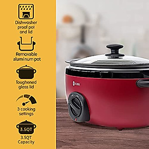 ICOOK USC-35-OP001RD 3.5 Quart Slow Cooker,Aluminium Sear/Sauté Stew Pot Stovetop safe,Dishwasher Safe,Glass Lid,Adjustable Temp,Food Warmer,Red