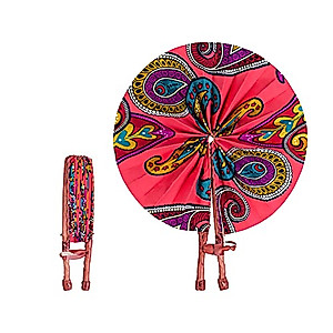 Ghana Handmade Colorful Ankara African Print Handheld Bolga Folding Fan With Leather Handles Handheld African Fabric Folding Fan (Multi 7)