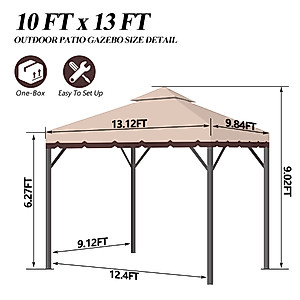 GARTOO 10'x13' Outdoor Patio Gazebo - Aluminum Frame Porch Gazebo with Polyester Roof & Zipper Curtains, Best for Garden, Lawn, Backyard Deck