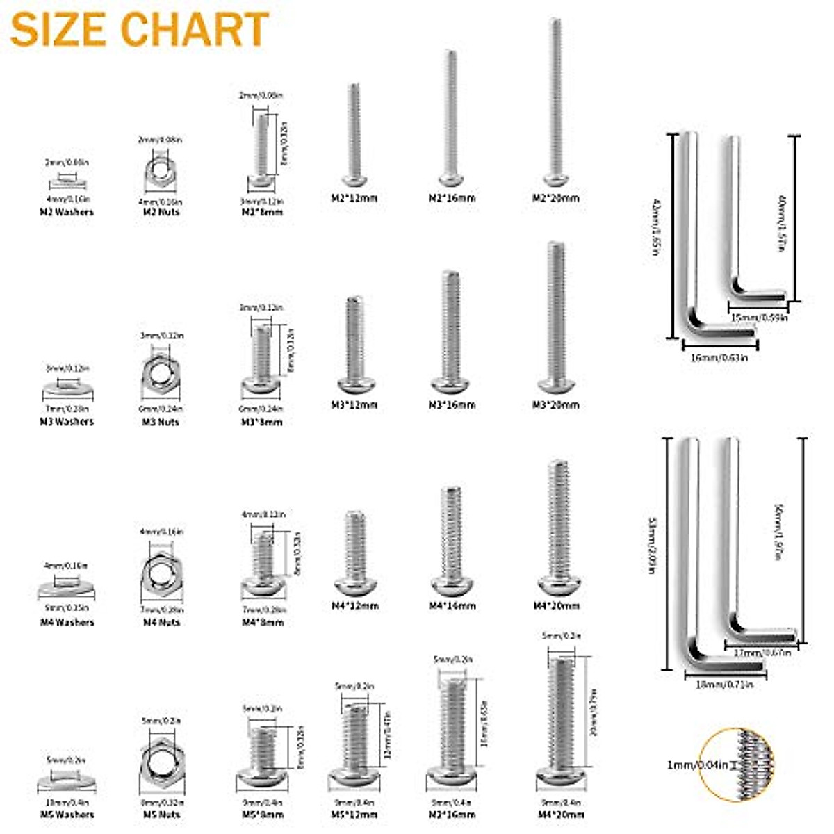 VIGRUE M5 M4 M3 M2 Metric Screws Bolts Nuts Washers Assortment Set with Allen Wrench 1080Pcs Hex Button Head Socket Cap Screws Stainless Steel, Small Bolts and Nuts Assortment Kit