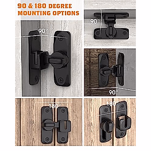 90/180 Degree Barn Door Lock, Small Flip Gate Latches Hardware, Door Security Sliding Door Latch Lock fo Cabinets, Barn Door, Bathroom, Gardenr Doors (Black-1Pc)