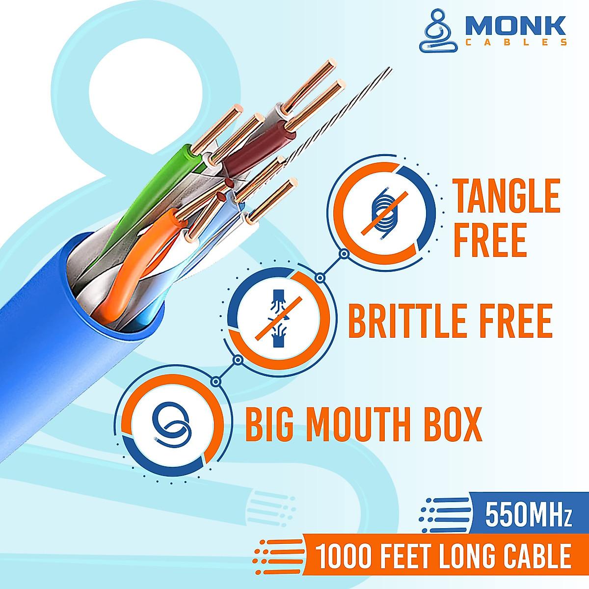 MONK CABLES | CAT6 Plenum Cable 1000ft | UTP, 23AWG, 550MHz | DSX-8000 Certified | Most Certified Cable of The Whole Market (Blue)