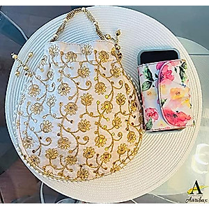 Embroidered Indian Ethnic Potli Bag for Women. Traditional, Handmade, Perfect for Weddings and Other Special Occasions (Gold)