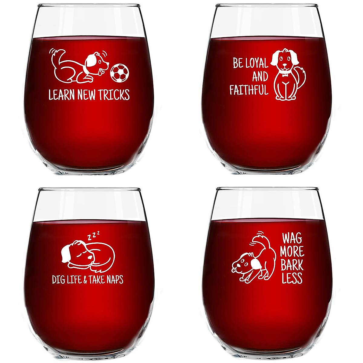 Dog Wisdom Novelty Stemless Wine Glasses Set of 4 | Funny Dog Themed Messages for Pet Owners and Wine Lovers | 15 oz. Funny Dog Wine Glass with Cute Messages | Dishwasher Safe | Made in USA