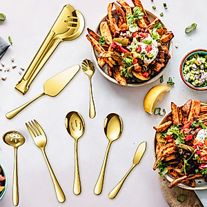 21 Pcs Christmas Gold Stainless Steel Serving Utensils Flatware Set, Serving Spoons Slotted Serving Spoons Gold Tongs Serving Forks for Kitchen Buffet Catering Banquet Party Supply, Dishwasher Safe