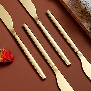 Berglander Gold Dinner Knives Set Of 4, Titanium Shiny Gold Plating Stainless Steel Dinner Knife, Butter Knife Table Knives Dishwasher Safe