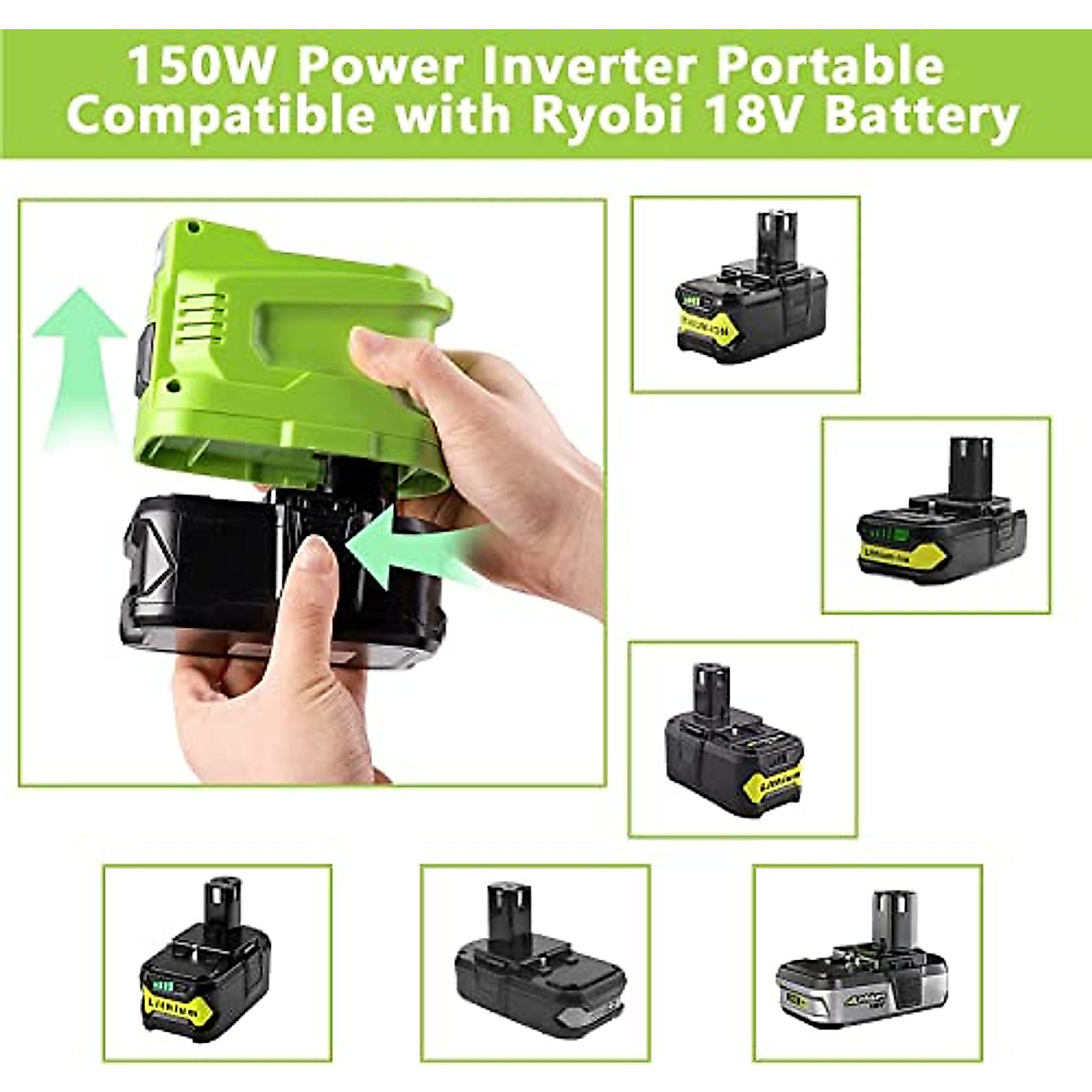 Portable Power Supply Inverter for Ryobi 18V Lithium Battery, TEPULAS DC 18V to AC 120V Power Inverter Generator 150W, Power Source USB Phone Charger Adapter for Ryobi with AC Outlet & LED Light