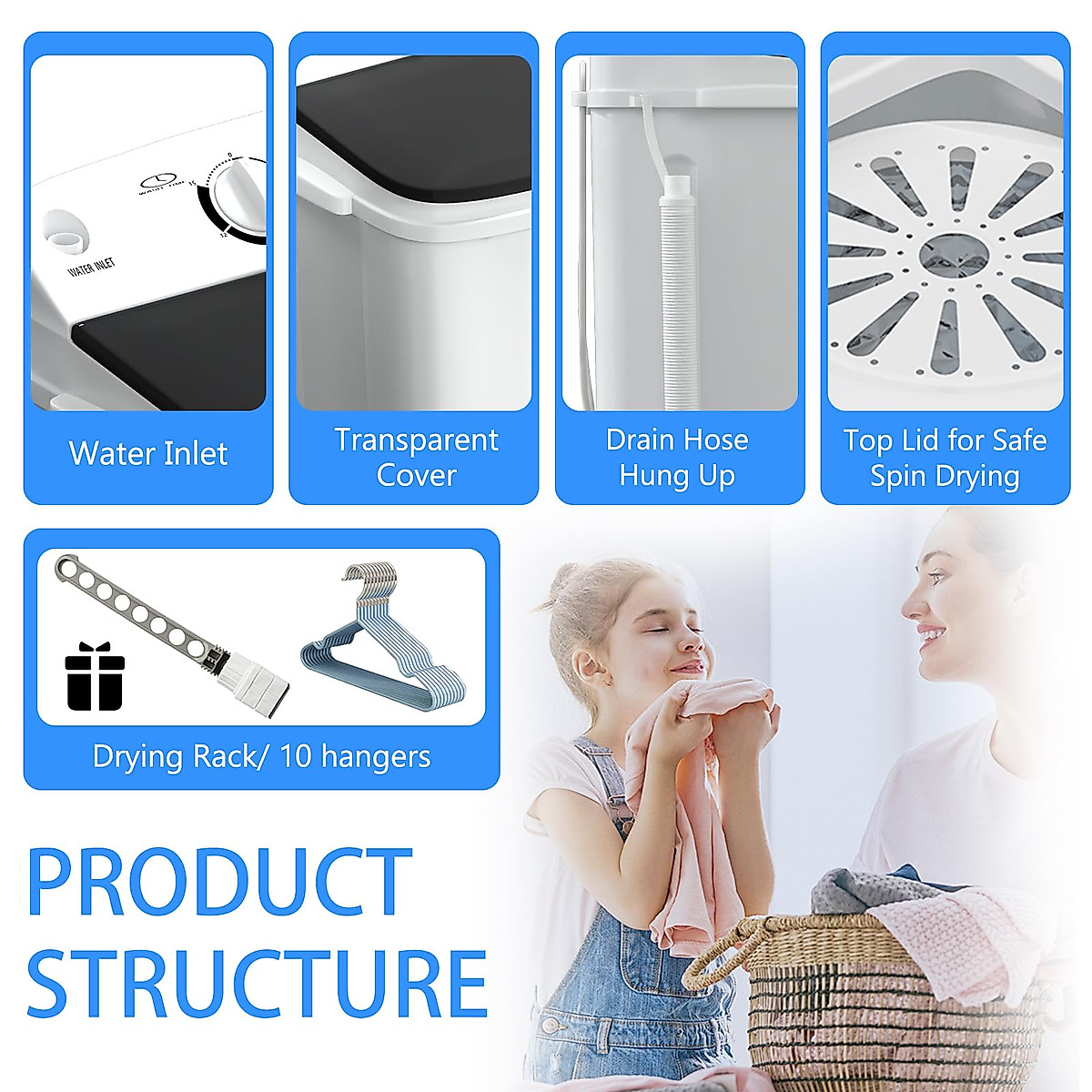 DOGHLY Compact Semi-Automatic Twin Tub Washer, 18lbs Capacity with 11lbs Washer and 7lbs Spinner, Ideal for Camping, Apartments, Dorms, College, RVs, and Small Spaces