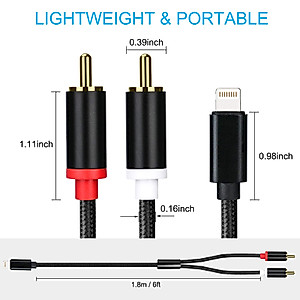 WORLDBOYU Lightning to RCA Cable Audio Aux Adapter, Stereo Y Splitter Adapter for Select iPhone, iPad and iPod Models for Power Amplifier, Car, Home Theater, Speaker and More Silver 6FT