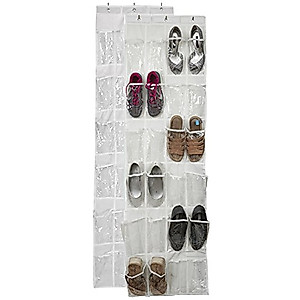Vinyl Over The Door Shoe Organizer with 24 Reinforced Pockets. Organize Your Shoes with This Shoe Rack Over The Door Organizer and Save Space. Hang on Standard Doors with 3 Steel Over The Door Hooks.