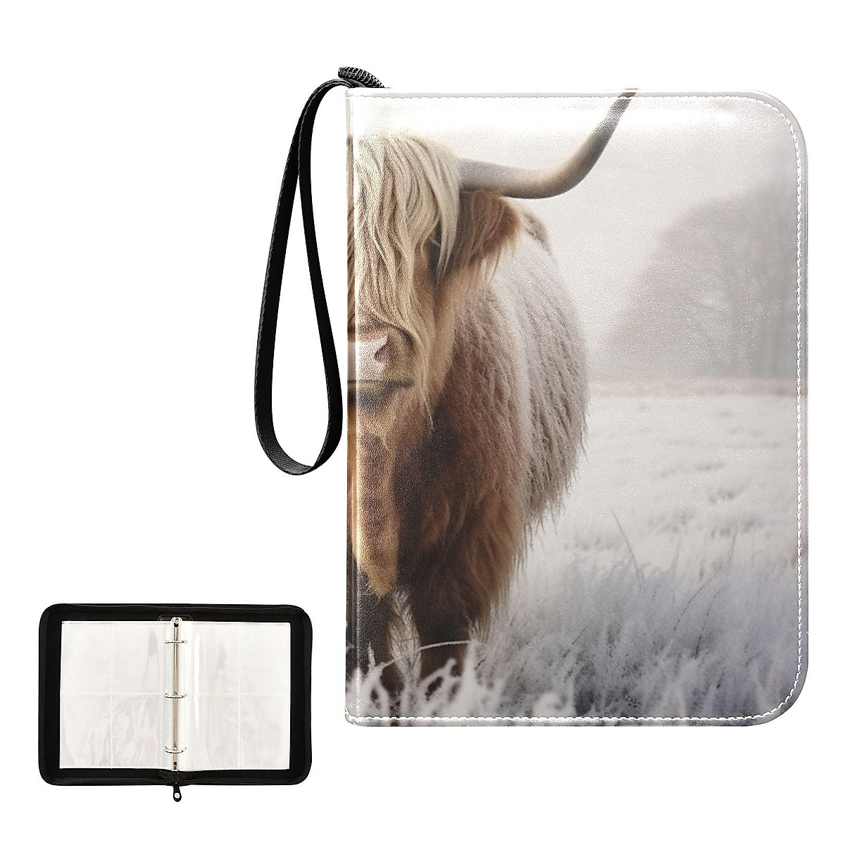 PYBUG Highland Cow Trading Card Binder with Nylon Strap 4-Pocket Waterproof PU Leather Card Collection Binder for 400 Cards Sturdy Card Holder Folders for Game Cards,Sports Cards