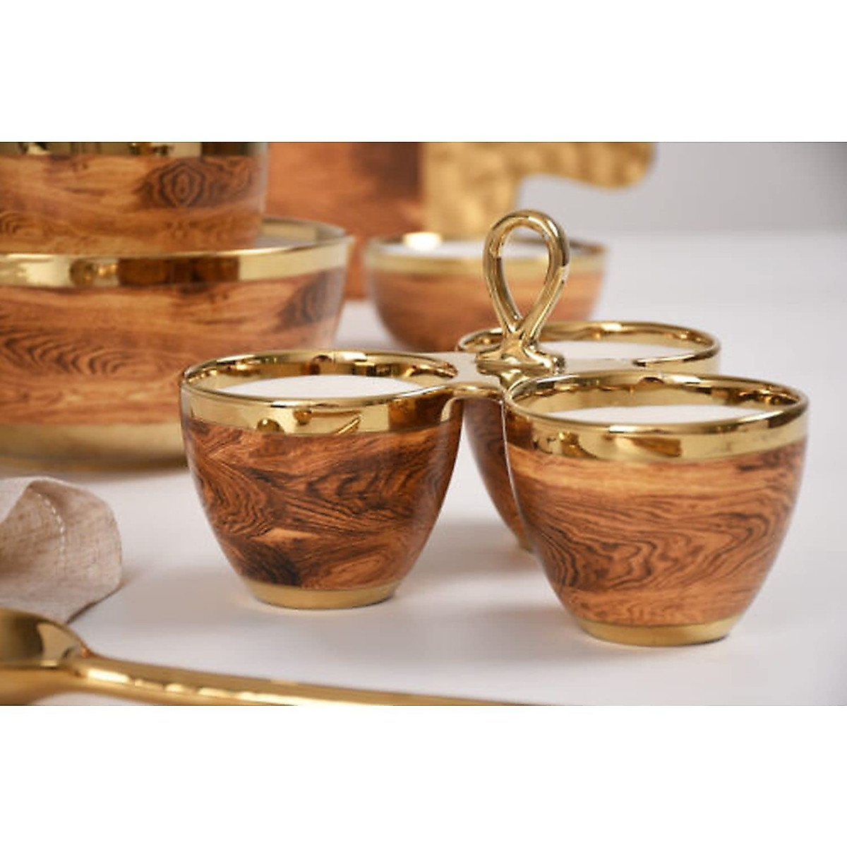 Pampa Bay Wood Look Titanium-Plated Porcelain 3 Part Server, 8.8 x 5.5 Inch, Gold/White/Wood look