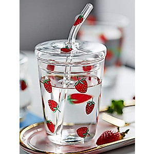 JHNIF 10 Oz Lovely Strawberry Clear Glass Mug with Lid and Straw.