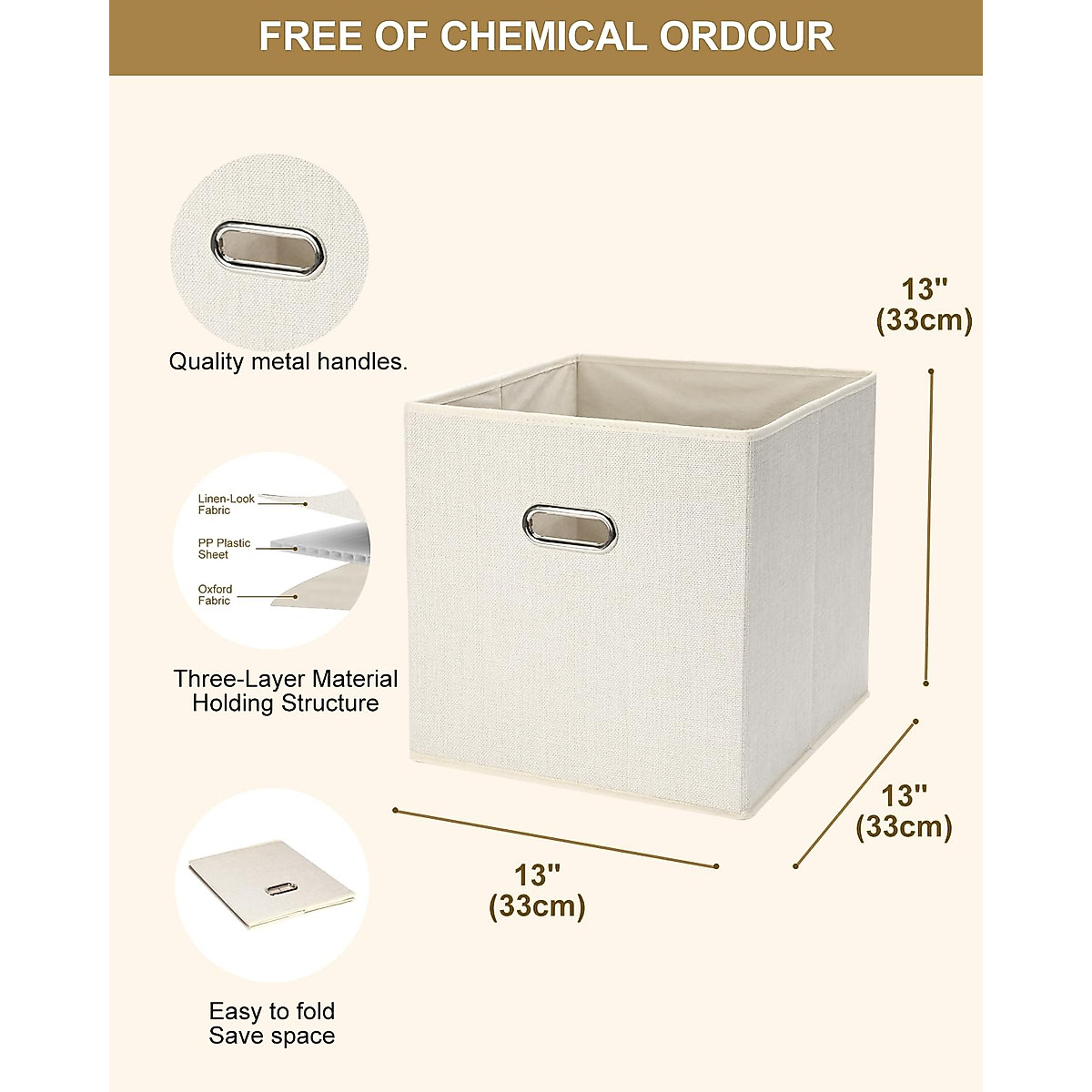 NEATJELAI Storage Cubes 13 Inches Cube Storage Organizer Bins Linen Fabric Storage Container with Metal Hallow Handles,Foldable Design for Shelves Closet Organizers and Storage, 4 Pack, Beige