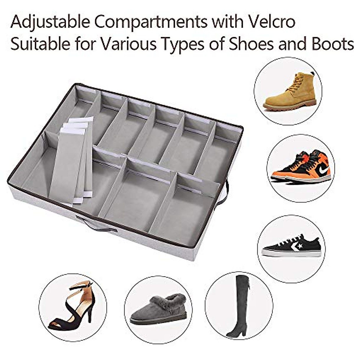 HOONEX Under Bed Shoe Storage Organizer with Adjustable Dividers, Shoe Holder with Leather Handles, 2 Pack, Store 24 Pairs, Grey