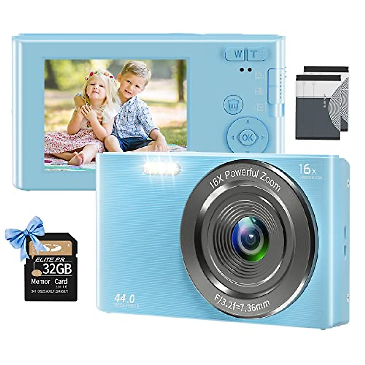 UIKICON Digital Camera, FHD 4K 44MP Kids Camera Video Camera with 32GB SD Card 16X Digital Zoom, Compact Point and Shoot Camera Portable Small Camera for Teens Students Boys Girls-Light Blue