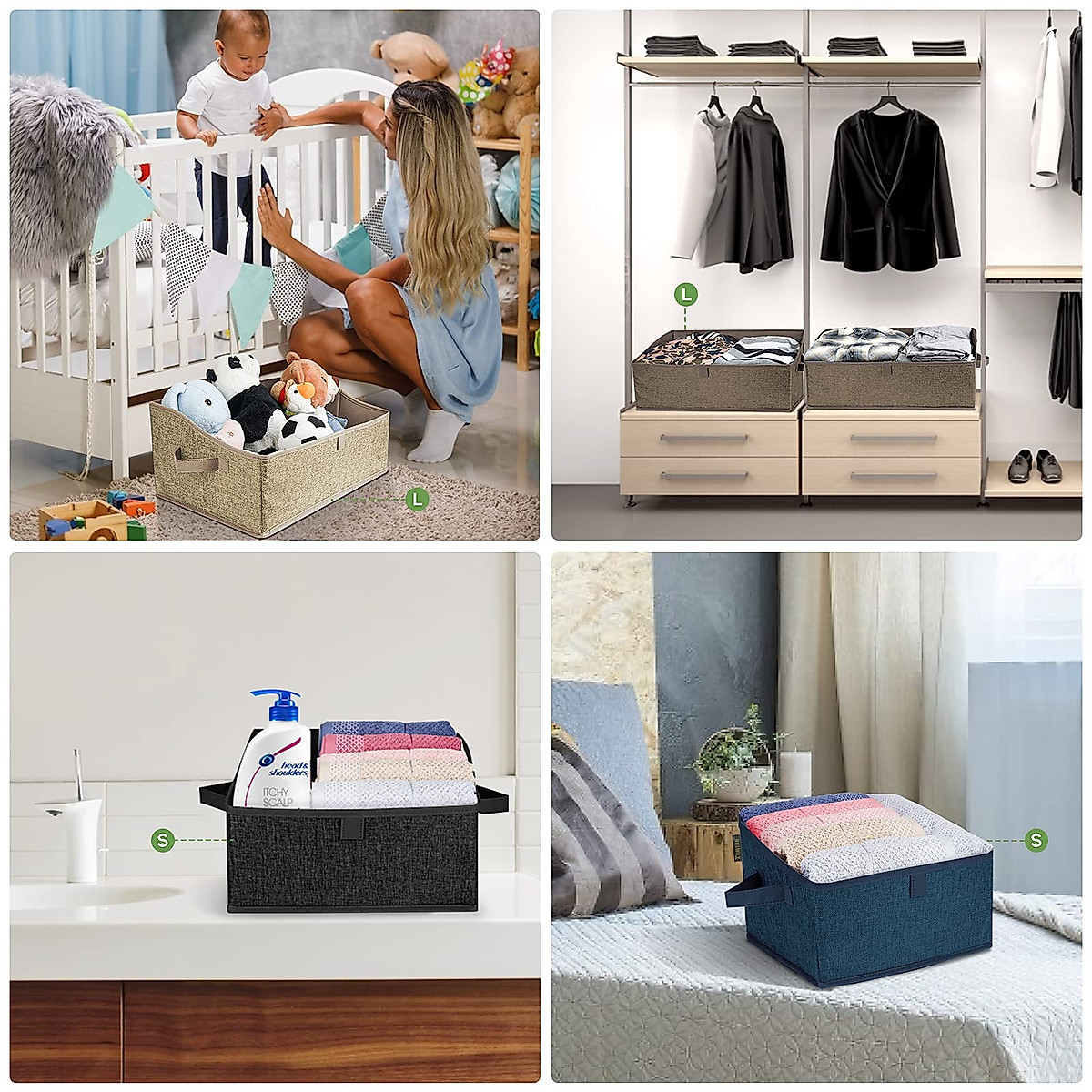 BALEINE 3 Pack Closet Storage Bins for Shelves, Trapezoid Clothing Organizer with Handles, Foldable Linen Fabric Box Containers for Home Bedroom Office, Winter Gray Small