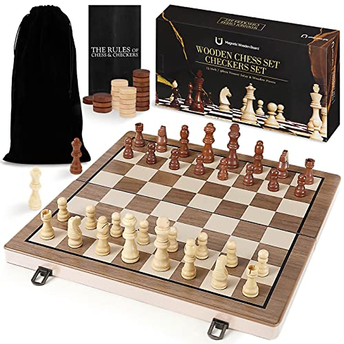 Chess Sets - 15 Inch Wooden Magnetic Chess & Checkers Set Board Game - with 2 Extra Queen Pieces - Chess Sets for Adults - Chess Set for Kids