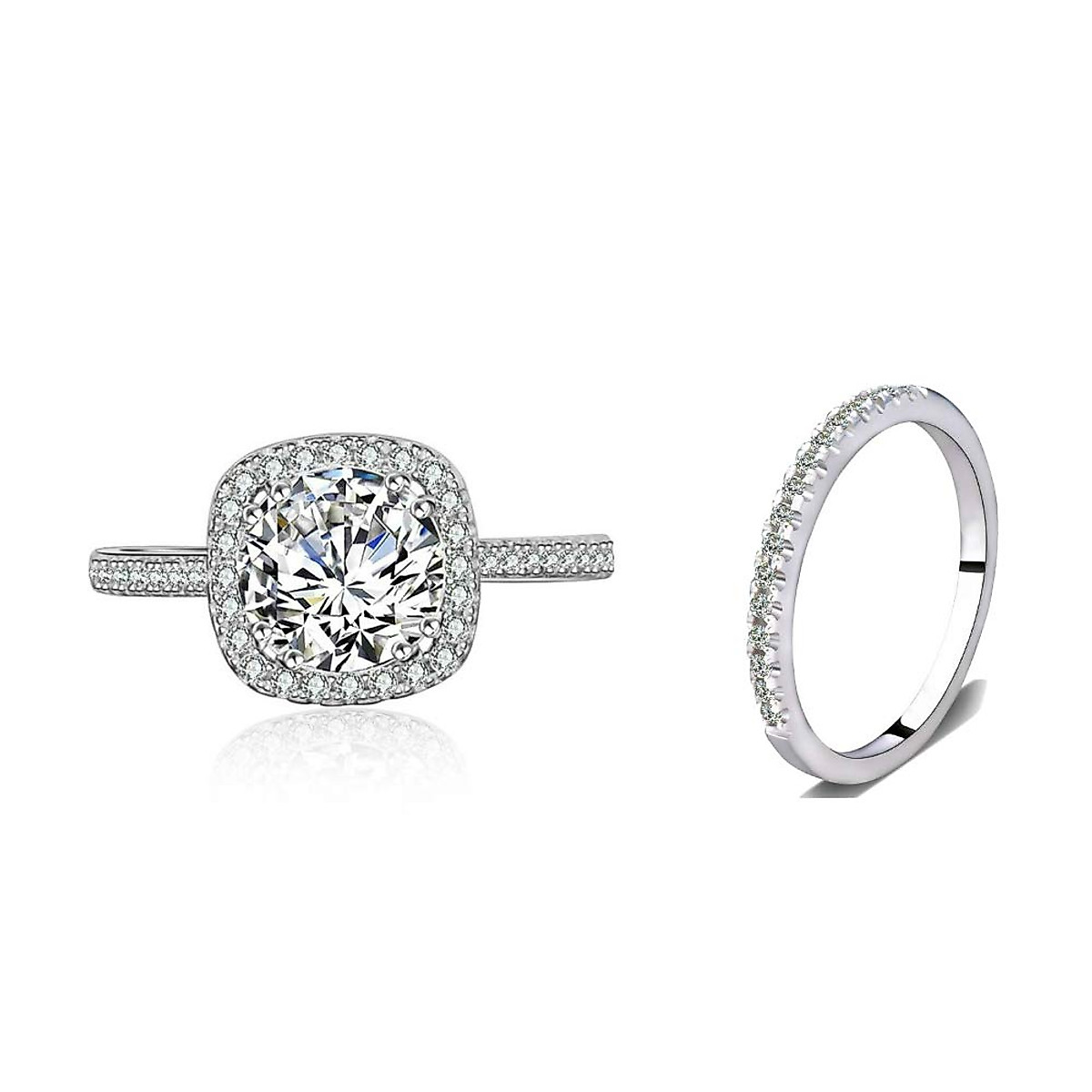 BeFab Cz Bridal Ring Set Accented Round Halo Engagement Ring Matching Half Eternity Wedding Band Size 4-10 (Silver, 7)