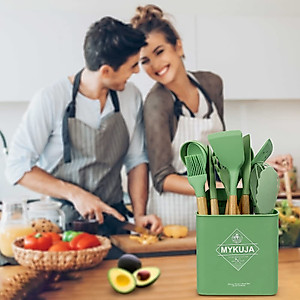 MYKUJA Green Kitchen Utensils Set for Cooking-Heat Resistant Kitchen Silicone Set Cooking Utensils Set for Non-Stick Utensils Set 13 Pieces Kitchen Tools(Avocado green)