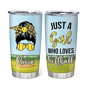Hyturtle Personalized Softball Tumbler - Just A Girl Who Loves Softballs Custom Name Stainless Steel Tumbler 20oz With Lid - Softball Gifts For Mom Women Fan Coach Sport Lovers Birthday Mother's Day…