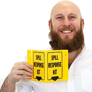 SmartSign "Spill Response Kit" Projecting V-Sign Polished Acrylic with Flame Treated Edge, Black On Yellow | 5" x 6"