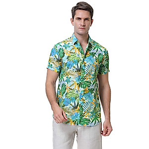Damipow Hawaiian Shirts for Men Short Sleeve Aloha Beach Shirt Floral Summer Casual Button Down Shirts,White 5,L