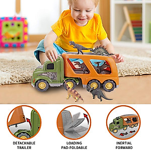 GONGDAO Dinosaur Truck Toy-Toy Truck & 6 Dinosaur Toys, Toys for 3 4 5 6 7 Year Old Boys and Girls Kids Toddlers, Toy Vehicle with Sound & Light, Friction Powered, Ideal Gifts
