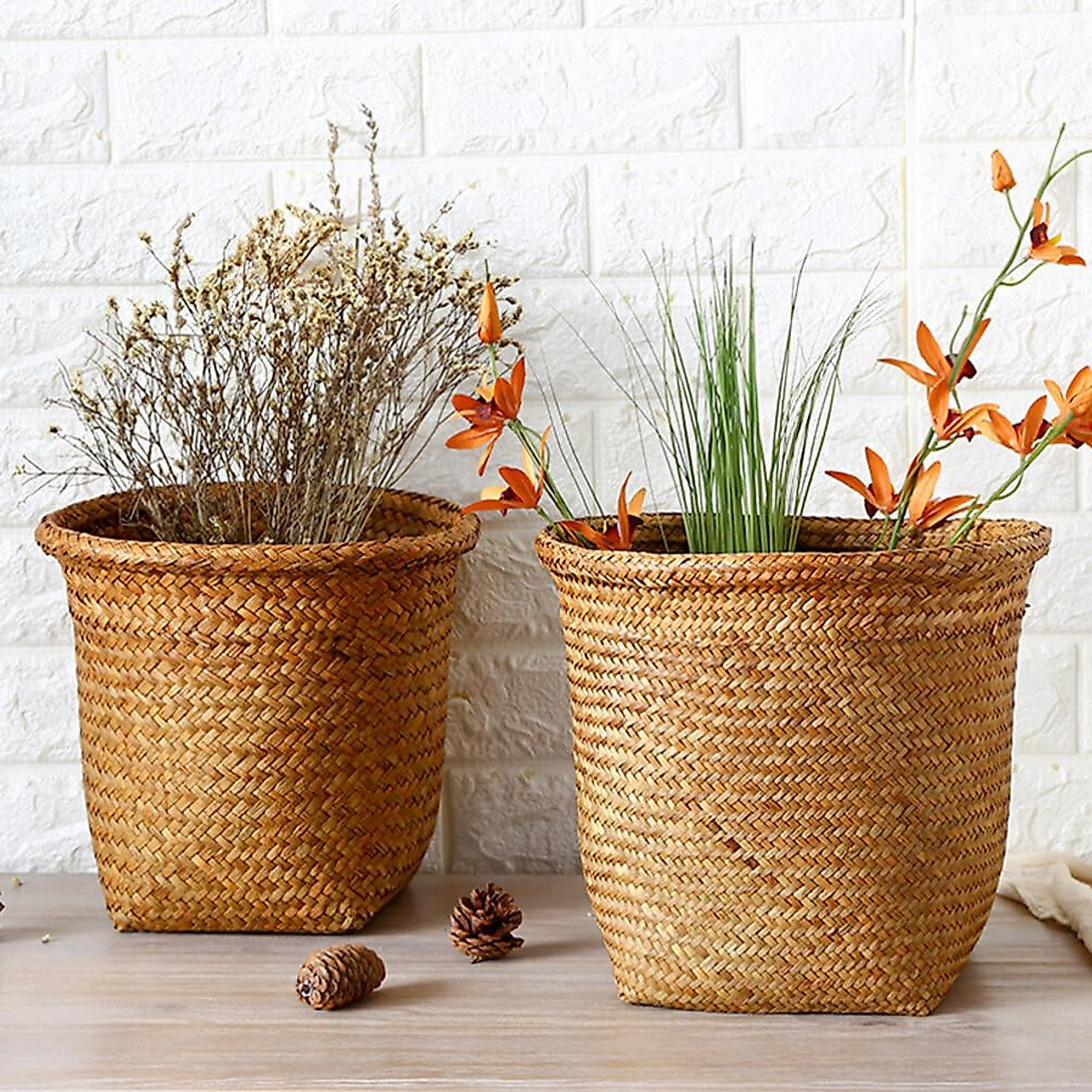 ABOOFAN Wicker Waste Basket Straw Woven Trash Can Rustic Garbage Container Bin Flower Basket for Bathroom Kitchen Home Office M