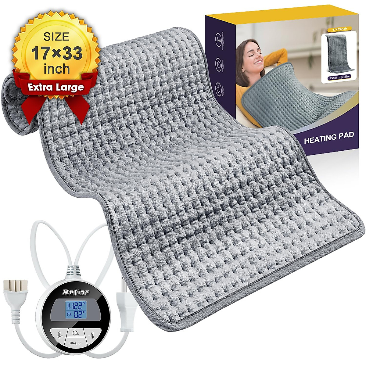 Heating Pad for Back Pain Relief, 17"x 33" Extra Large Electric Heating Pad for Cramps Neck Shoulder, XL Moist Heated Pad Gift for Women & Men, Auto Shut Off Heat Pad, Machine Washable, Light Gray