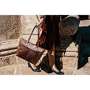 Aaron Leather Goods Genuine Leather Shoulder Office Tote Bag for Women (Umber)