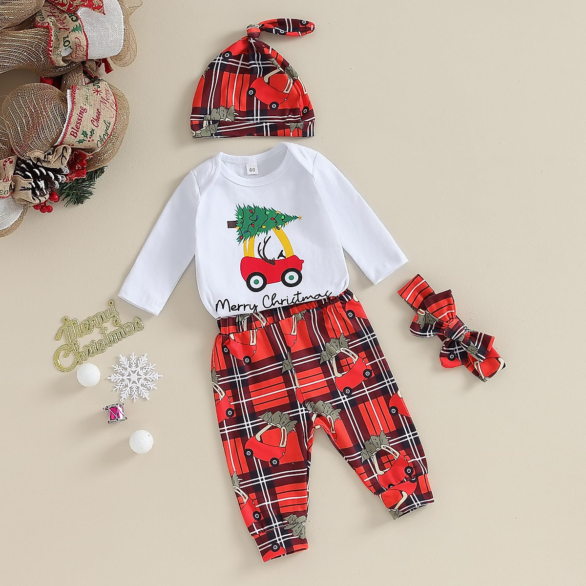 FYBITBO My First Christmas Baby Boy Girl Outfit Newborn Long Sleeve Bodysuit Romper Pants Set Fall Winter Clothes (White Merry Christmas Letter Print, 6-12 Months)