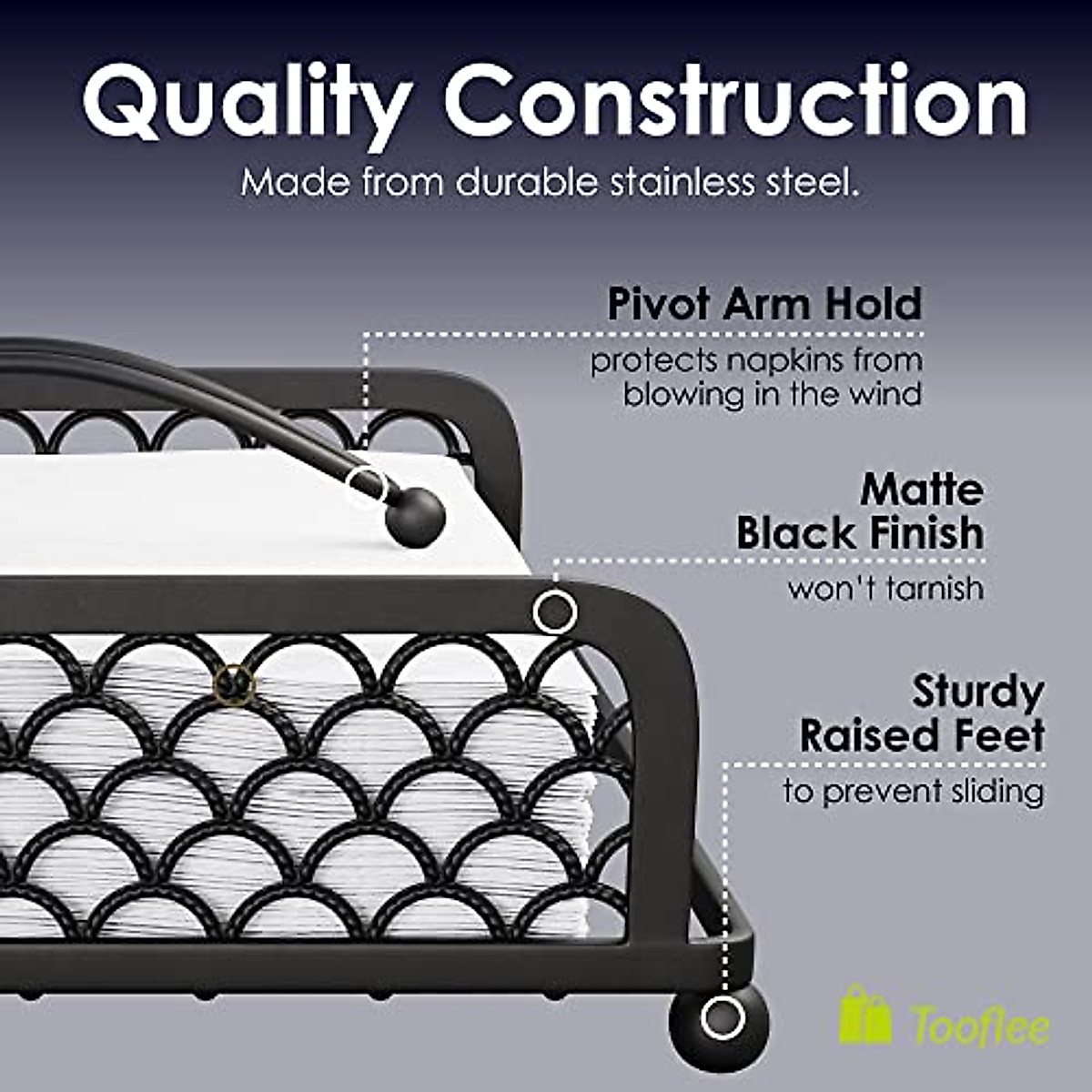 Elegant Flat Paper Napkin Holder with Dispenser Arm - Napkin Holders for Table, Kitchen, Countertops & Outdoor Tables - Square Metal Lattice Basket Dinner Napkin Holder -Napkins Dispenser (Black)