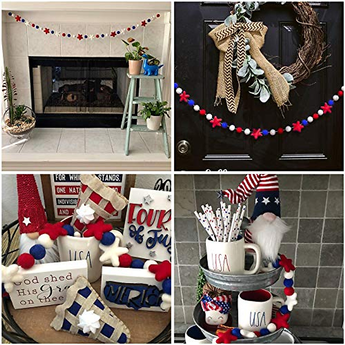 CINPIUK 4th of July Garland Felt Ball Star Banner Patriotic Red White and Blue Pom Pom Bunting for Independence Day Tiered Tray Decor Memorial Day Labor Day Veterans Day Decoration