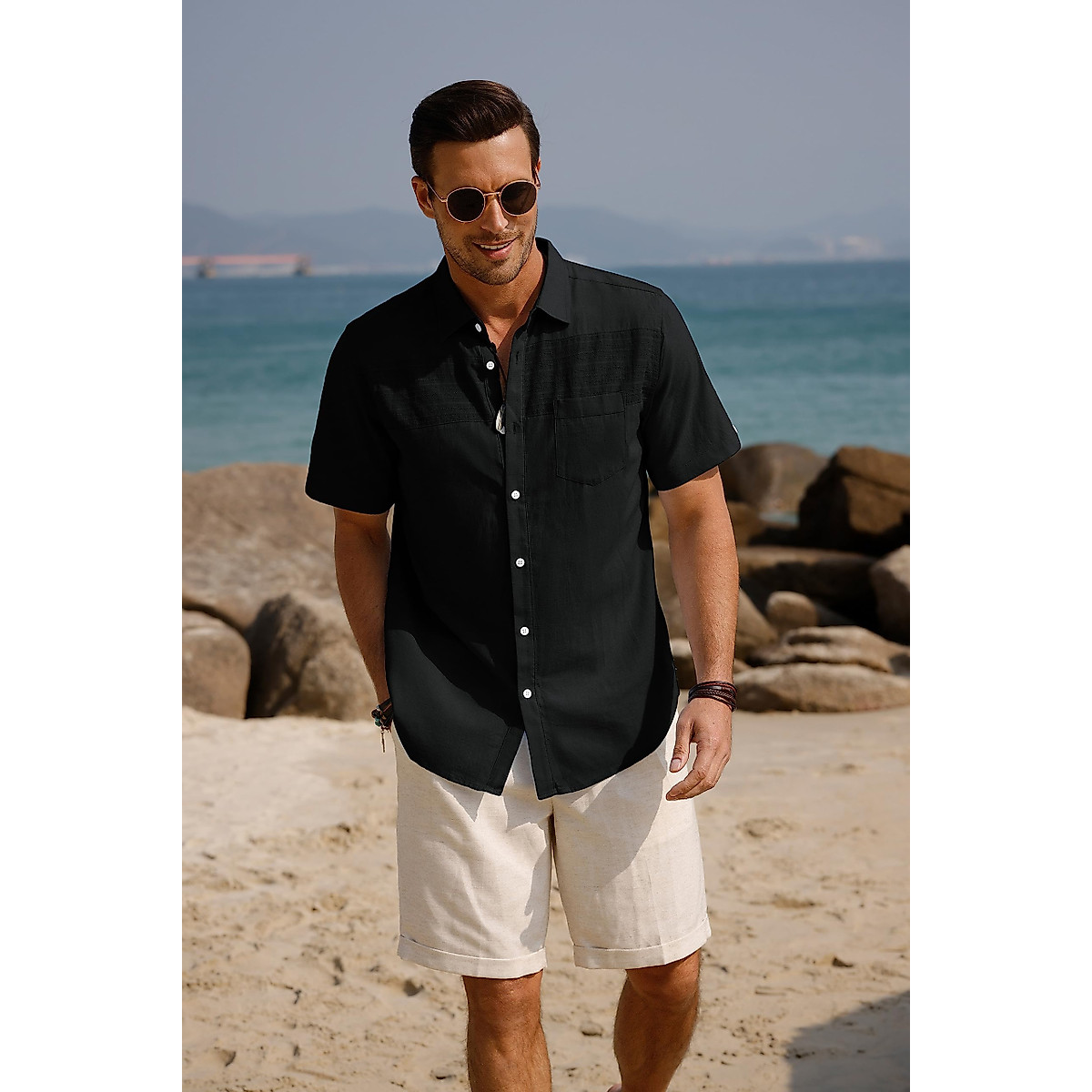 GRACE KARIN Men's Hawaiian Cotton Linen Shirts Casual Button Down Tropical Holiday Beach Shirts Black L