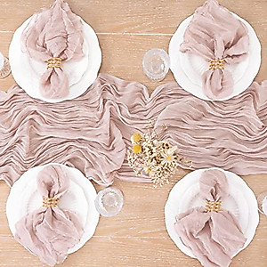 MLMC 10ft Dusty Pink Cheesecloth Table Runner 35x120 Inches Rustic Wrinkled Gauze Boho Table Runner for Bridal Shower Birthday Reception Decor