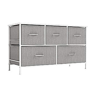ALLZONE Dresser for Bedroom,Storage Chest Organizer, 5 Fabric Drawers Furniture for Closet, Kids Toy Organization,Wooden Table with Metal Frame, White/Gray