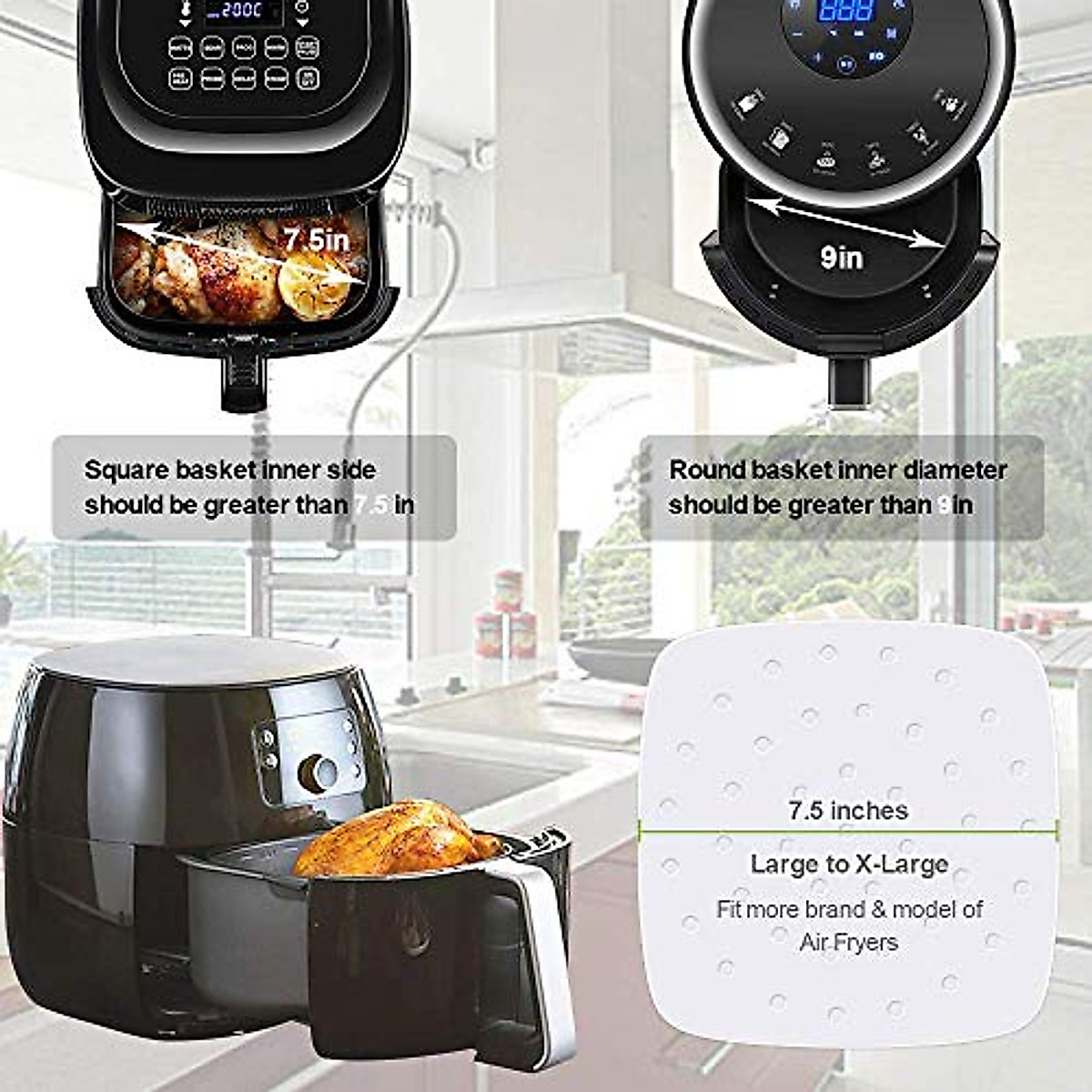 Air Fryer Liners - 7.5 Inches, 100pcs Premium Perforated Parchment Paper Compatible with Philips, Cozyna, Secura, NuWave Brio, Chefman, GoWISE USA, BLACK+DECKER, COSORI and More Air fryers