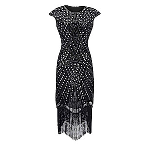 F_Gotal Womens Plus Size Vintage 1920s Sequin Flapper Tassel Long Dress Cosplay Retro Gown Evening Party Cocktail Dress Black