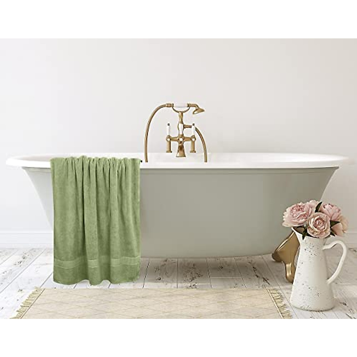 Utopia Towels Bundle Pack of 600 GSM Bath Sheet Set (2-Pack) and Banded Bath Mats (2-Pack) – 100% Ring-Spun Cotton – Highly Absorbent – Soft & Luxurious – Sage Green