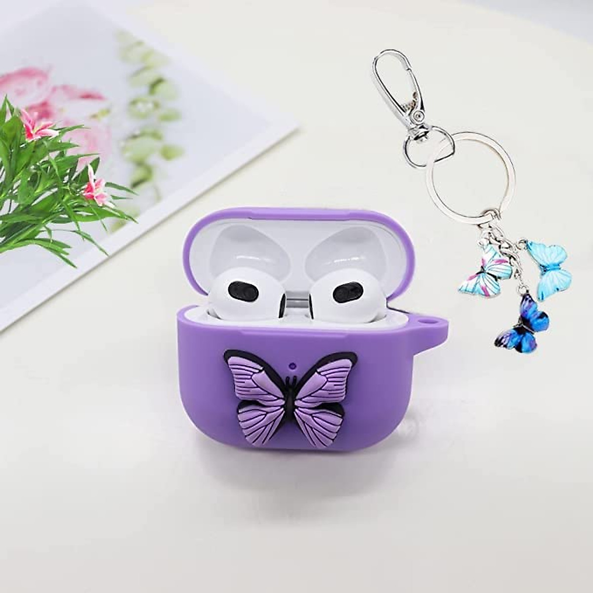 Butterfly Case for Airpod 3 Case,Cute Airpods 3rd Gen Case Cover for Apple AirPods 3rd Generation (2021), Funny Protective Silicone Case Accessories with Butterfly Keychain for Women Girl (Purple)
