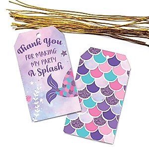 Mermaid Thank You Tags Birthday 24 Pcs with 24 Pcs Gold Strings | Hanging Labels for Mermaid Party Favors Bags Gift Sickers Kids